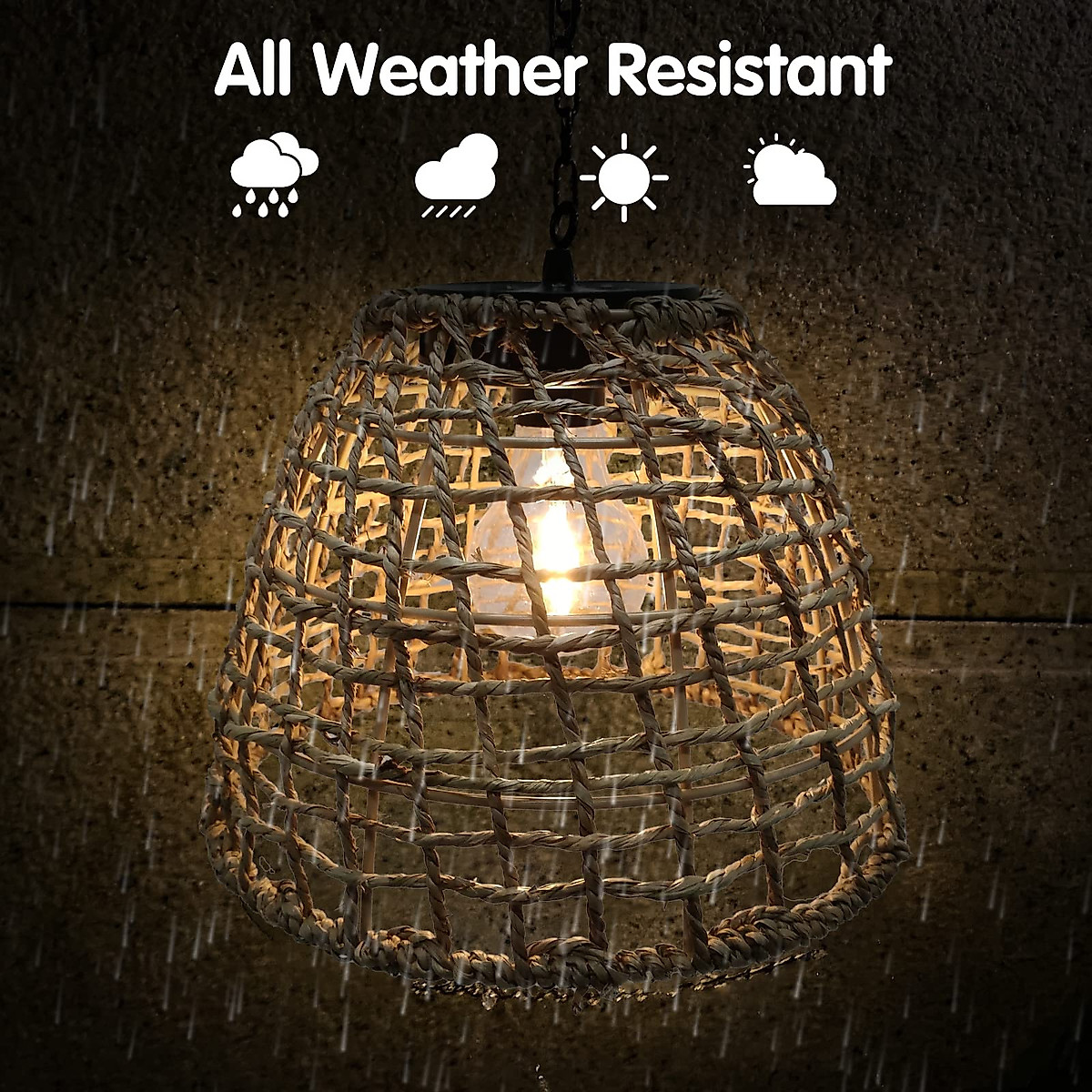 Outdoor Solar Hanging Lantern, Natural Seeweed Rattan Bamboo Woven Porch Patio Gazebo Pendent Chandelier Light Decorative Solar Powered Hanging Lamp for Front Door Garden