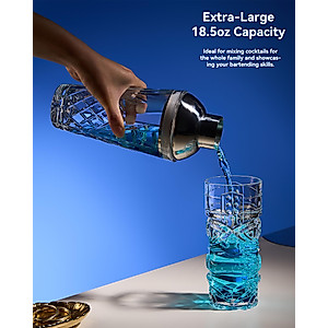 Fioance Glass Cocktail Shaker, 18.5oz Cutting Desgin Glass Shaker - Exquisite Martini Shaker for Elevated Mixology. Perfect for Crafting Artisan Cocktails, Martinis