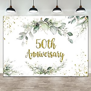 Wollmix 50th Wedding Anniversary Decorations Banners Backdrops Green Leaves Cheers to 50 Years Gold Dots Photography Background Party Sign Poster Photo Booth Props Decor Supplies 7x5ft