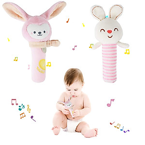 Funsland Baby Rattles Toys Soft Plush Hand Rattles Hand Grip Toys Stuffed Animal Rattles Shaker for 3 6 9 12 Months Infants Newborn 2 Pack