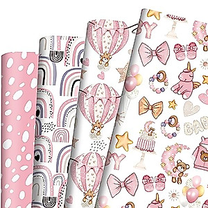 Dtiafu Baby Shower Wrapping Paper for Baby Girl - 12 Sheets Pink Gift Wrap with Baby Feet Bear Unicorn Rainbow Princess Shoes Designs - 20 x 28inch Per Sheet