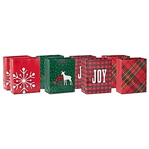 Hallmark Image Arts 8" Medium Christmas Gift Bags (8 Red and Green Bags: Plaid, Snowflake, Joy, Deer) for Teachers, Coworkers, Family