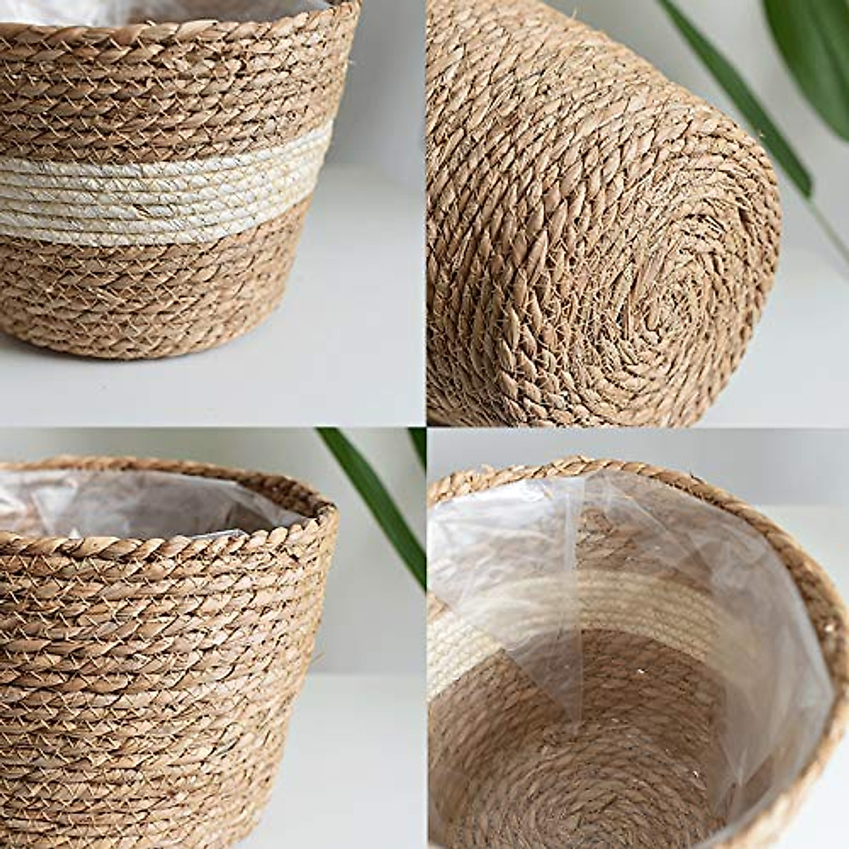 SANGDA Seagrass Planters, Cover Storage Basket Containers Hand Woven Straw Pot with Plastic Liners for Indoor Outdoor Plant, Flower