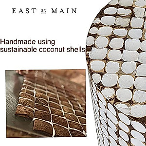 East at Main Round Side Table - 16”Dia x 16.5” h Living Room, Entryway, Small Spaces, Bedside Tables - Real Coconut Shell Mosaic Inlaid, Pre-Assembled, White Patina Finish