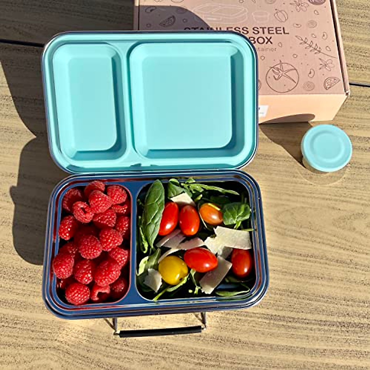 WEST BROS Stainless Steel Lunch Box and Dip Container - Premium Metal Bento Box - Stainless Steel Food Container with 2 Compartments - Modern Leakproof Snack Lunch Set (Blue)
