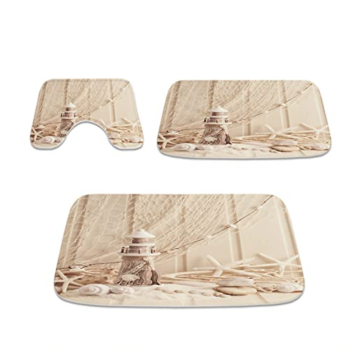 Beige Bathroom Rugs and Modern Fishing Net Seashell Lighthouse Mats Sets 3 Piece, Velvet Memory Foam Marine Beach Theme Bath Mat, Large Small and U-Shaped Contour Shower Mat Non-Slip Washable