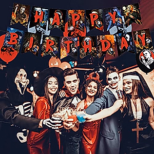 Horror Movie Have A Killer Party Decorations,Birthday Party Supplies For Thriller Killer Role Michael Myers Party Supplies Includes Banner - Cake Topper - 12 Cupcake Toppers - 18 Balloons -50 Horror Movie Stickers