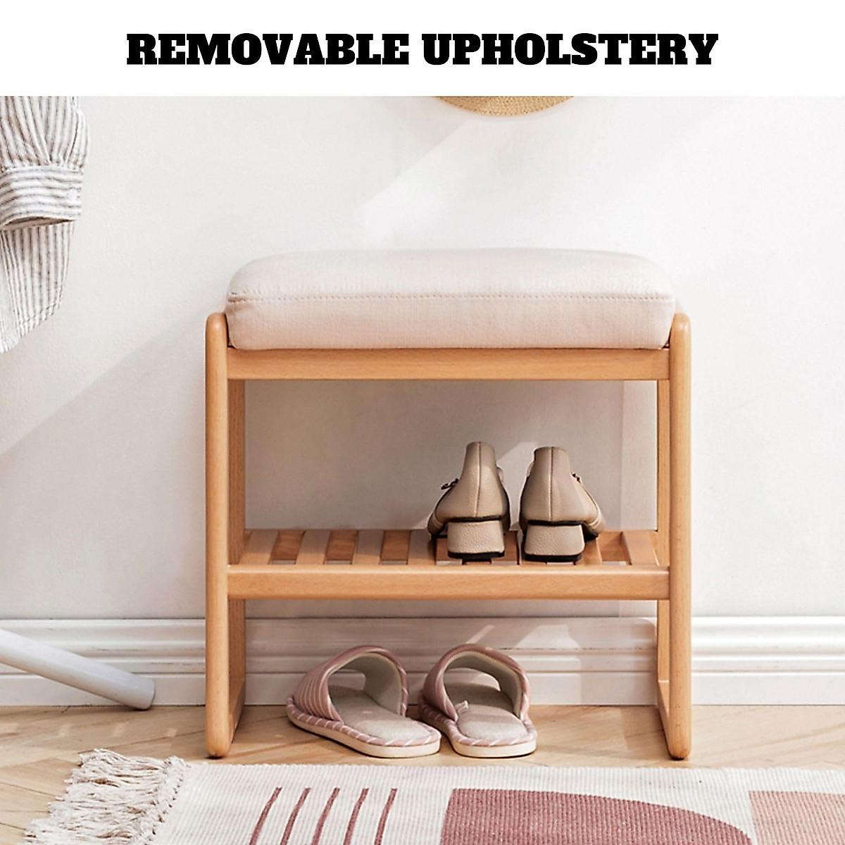 Vadisun Wood Shoe Bench - Mid-Century Modern Storage Bench for Entryway and Living Spaces (Original Wood Colour, 23.62 inch)