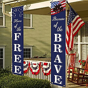 Patriotic Soldier Porch Sign Banners -“HOME of the FREE” and “Because of the BRAVE”- 4th of July Decor - American Flag Hanging Banner for Independence Day/ Memorial Day/ Veterans Day/ Labor Day