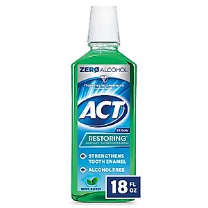ACT Restoring Zero Alcohol Fluoride Mouthwash 18 fl. oz. Strengthens Tooth Enamel, Mint Burst