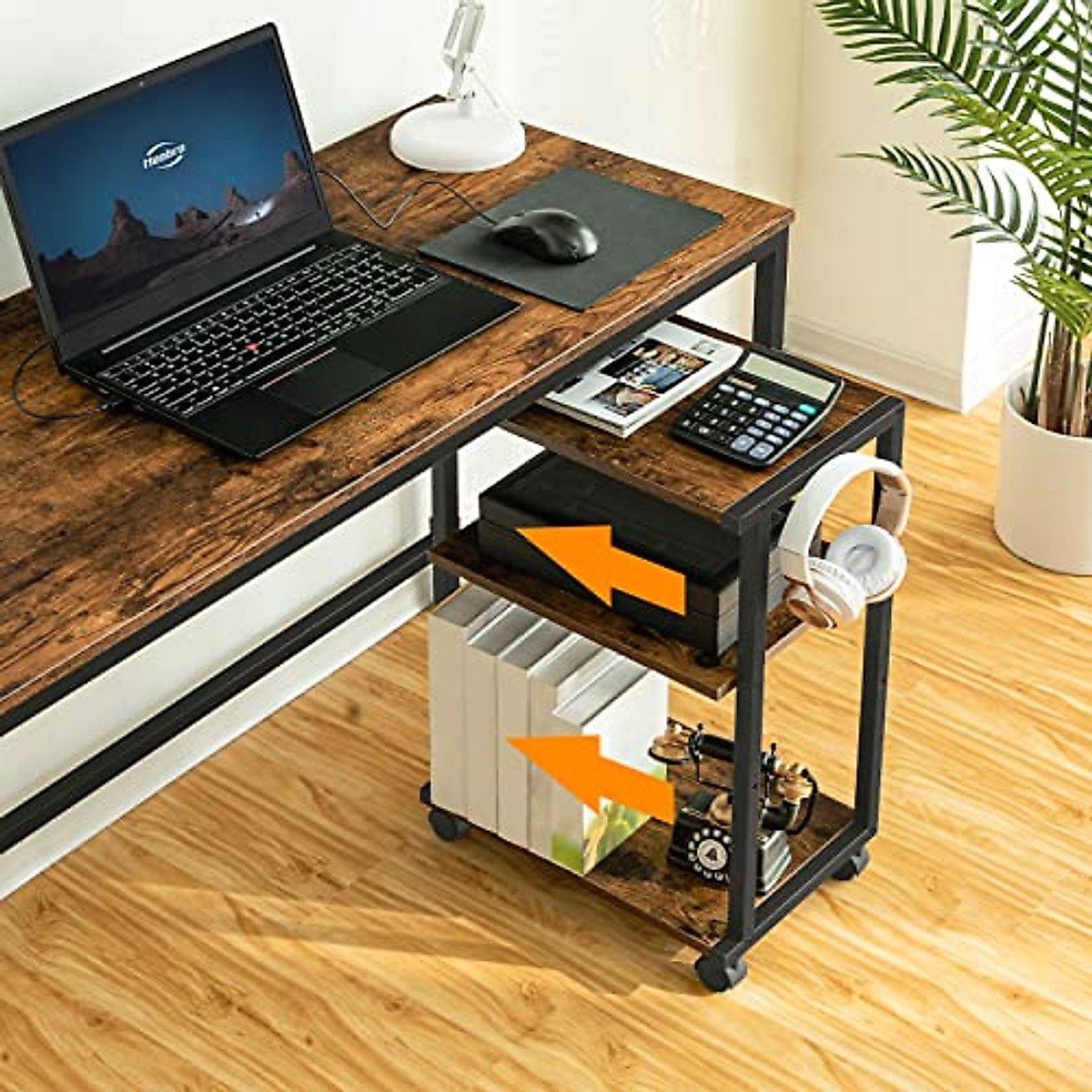HOOBRO Mobile Printer Stand, 3-Tier Printer Cart Under Desk with Storage, Industrial Adjustable Rolling Cart , Sturdy Little Table on Wheels for Home Office, Rustic Brown and Black BF28PS01