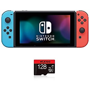 Nintendo Newest Switch with Neon Blue and Neon Red Joy-Con Family Christmas Holiday Bundle - 6.2" Touchscreen LCD Display, Bluetooth- Blue and Red + NexiGo_128GB MicroSD Card Bundle