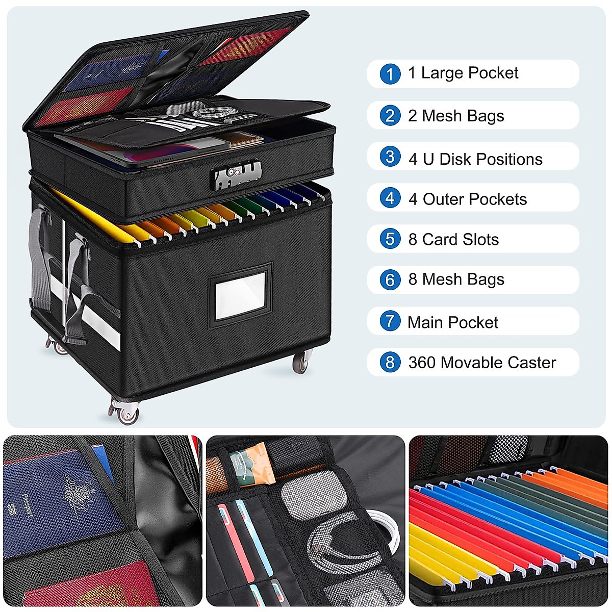 Fireproof Document Box with Lock, 2 Layer File Organizer Box with Wheels, Collapsible Safe File Box Document Organizer for Home Office,Rolling File Cabinet for Hanging Letter/Legal Folder