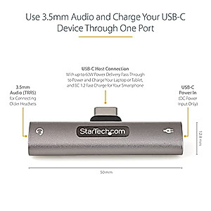 StarTech.com USB C Audio & Charge Adapter - USB-C Audio Adapter w/ 3.5mm TRRS Headphone/Headset Jack and 60W USB Type-C Power Delivery Pass-through Charger - For USB-C Phone/Tablet/Laptop (CDP235APDM)