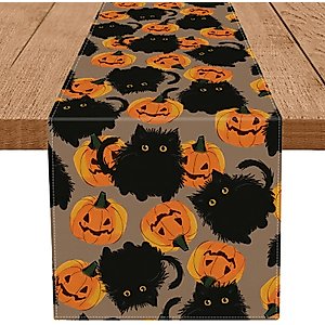 Halloween Table Runner Black Cat Pumpkins Seasonal Kitchen Dining Table Home Outdoor Party Decorations 13x72 Inch