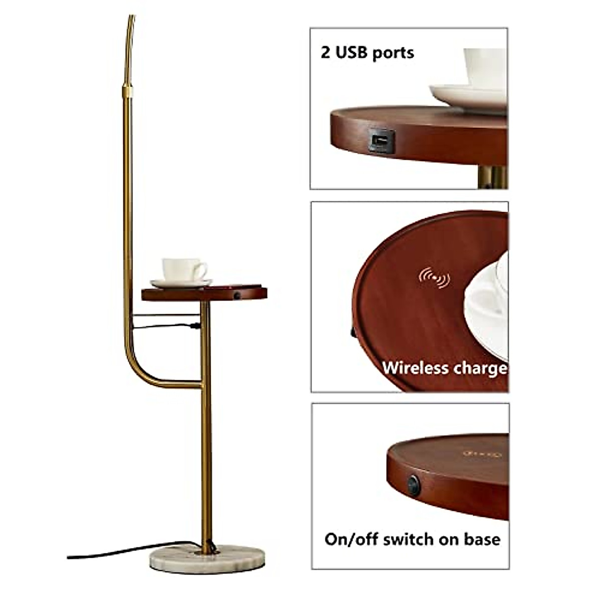 Floor Lamp with Table/Tray,Michideco Bedside Lamp with Double USB Ports and Charger,Great Reading Lamp for Bedroom, Living Room or Office(Gold,Long-arm)