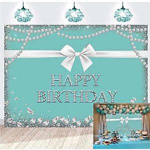 Tiffany Breakfast Blue Bow-Knot Backdrop Turquoise Diamonds Sweet 16 Birthday Party Background Baby Shower Bridal Shower Wedding Party Cake Table Decorations 7x5FT