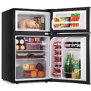 Antarctic Star Compact Mini Refrigerator Separate Freezer, Small Fridge Double 2-Door Adjustable Removable Retro Stainless Steel Shelves Garage Camper Basement/Dorm/Office 3.2 cu ft.Black
