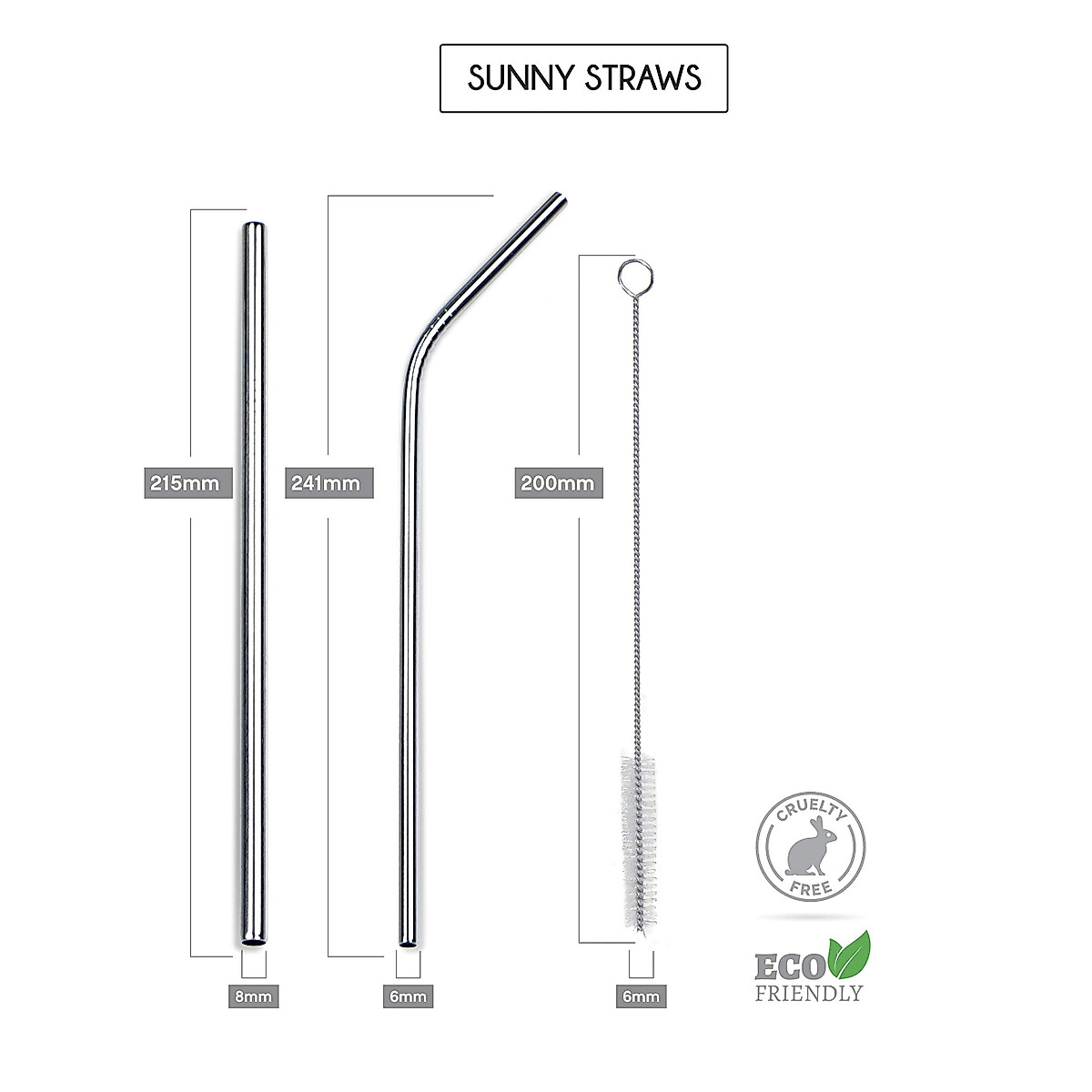 Sunny Straws Re usable Ultra-Long Stainless Steel Straw Set Including (2) Brushes & (1) Linen Pouch - PERFECT FOR COLD DRINKS AND TUMBLERS (Silver)