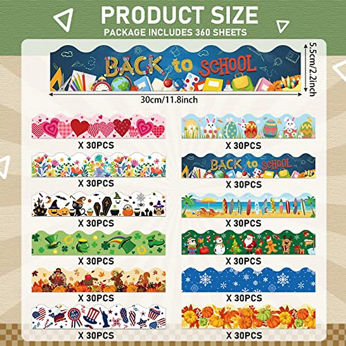 Geyee 360 Pcs Holiday Bulletin Board Borders Decorative Scalloped Border Trim Summer 4th of July Back to School Fall Halloween Christmas Bulletin Board Trim for Classroom School, 12 Design (Stylish)