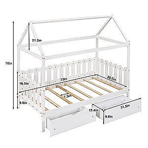 TARTOP Daybed with Drawers, Wood House Bed Tent Bed Twin Size with Drawers and Fence-Shaped Guardrail, for Toddlers/Teens/Girls/Boys, Kids House Bed Frame,White