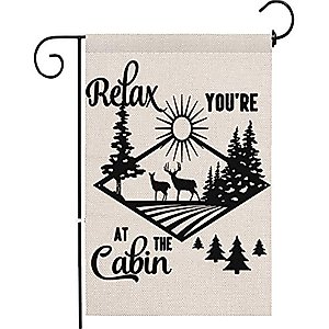 Ramirar Black Word Art Quote Relax You're at The Cabin Trees Sun Deer Decorative Garden Flag Yard Outdoor Decor Cotton Linen 12.5 x 18 Inches