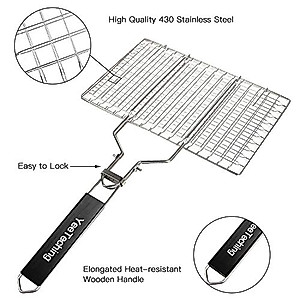 Yeeteching Grill Basket, Non Stick Portable 430 Grade Stainless Steel with Removable Wooden Handle for Fish, Steak, Meat, Vegetables, Grill Basket for Outdoor BBQs, Kitchen & Camping