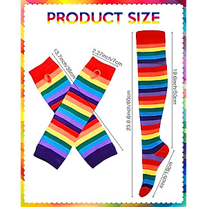 Chuarry 8 Pairs Women's Rainbow Thigh High Socks Fingerless Arm Warmer Set Long Striped High Socks Leg Warmers for Pride Fest(Mixed Color,Classic Style)