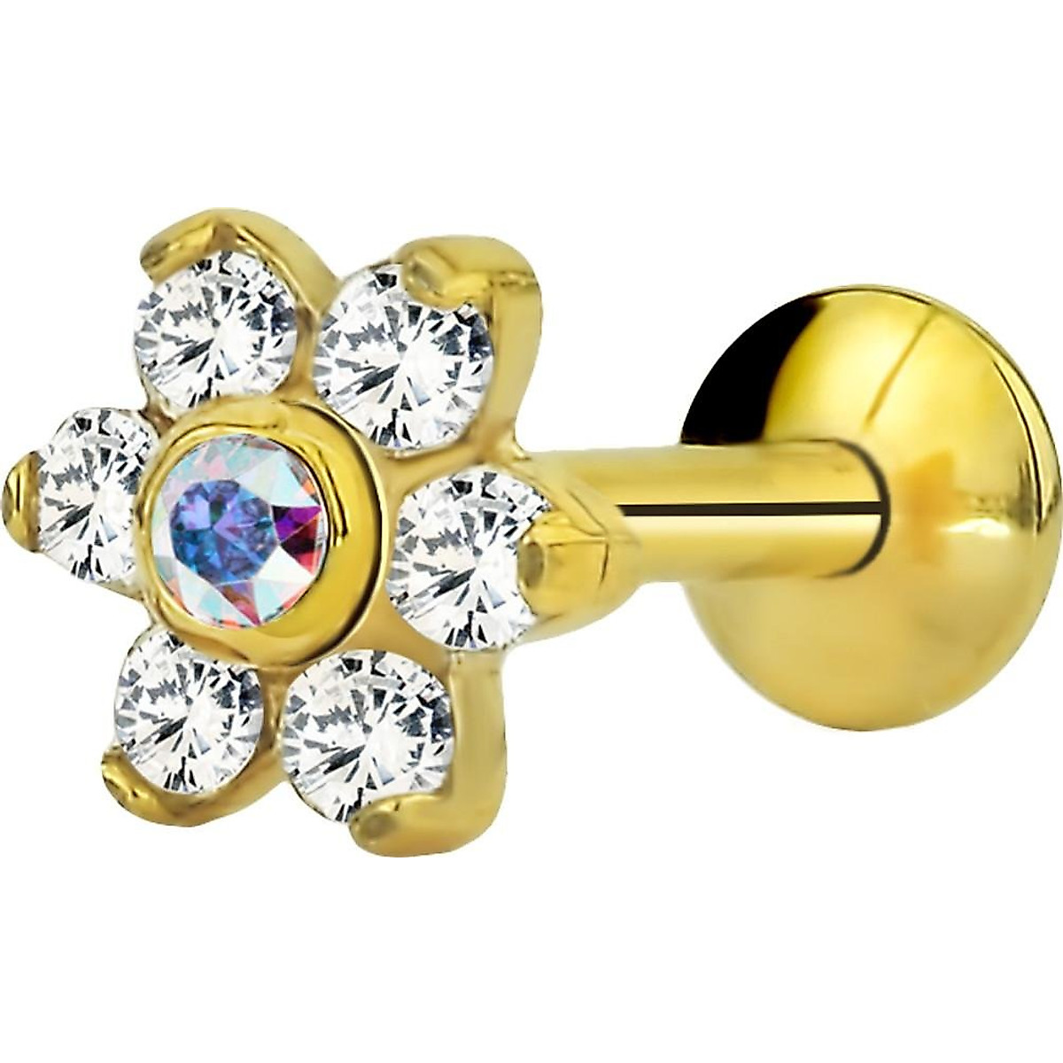 Forbidden Body Jewelry 16g 8mm Internally Threaded Gold IP Plated Tragus, Helix Earring and Labret Stud with Crystal Flower Top