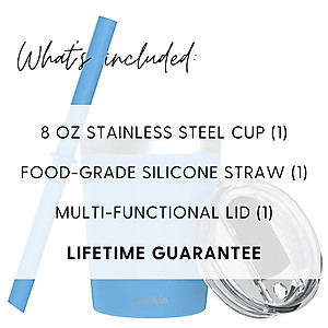 CUPKIN Stackable Stainless Steel Kids Cup Smoothie Tumbler, Powder Coated Insulated Tumblers, BPA Free Lid and Silicone Straw 8 Fl Oz (Pack of 1), Bright Blue