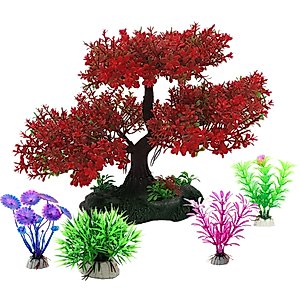 alfyng Aquarium Artificial Plastic Large Plants Decorations, 5pcs Cherry Blossom Tree & Grass Aquarium Decor, Goldfish Tank Decorations Set, Fish Tank Hides Simulation Tree Decoration Kit (Red)