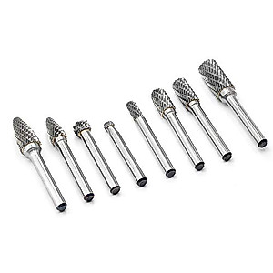 YUFUTOL Carbide Burr Set with 1/4''(6.35mm) Shank 8pcs Double Cut Solid Carbide Rotary Burr Set for Die Grinder Drill, Metal Wood Carving, Engraving,Polishing,Drilling