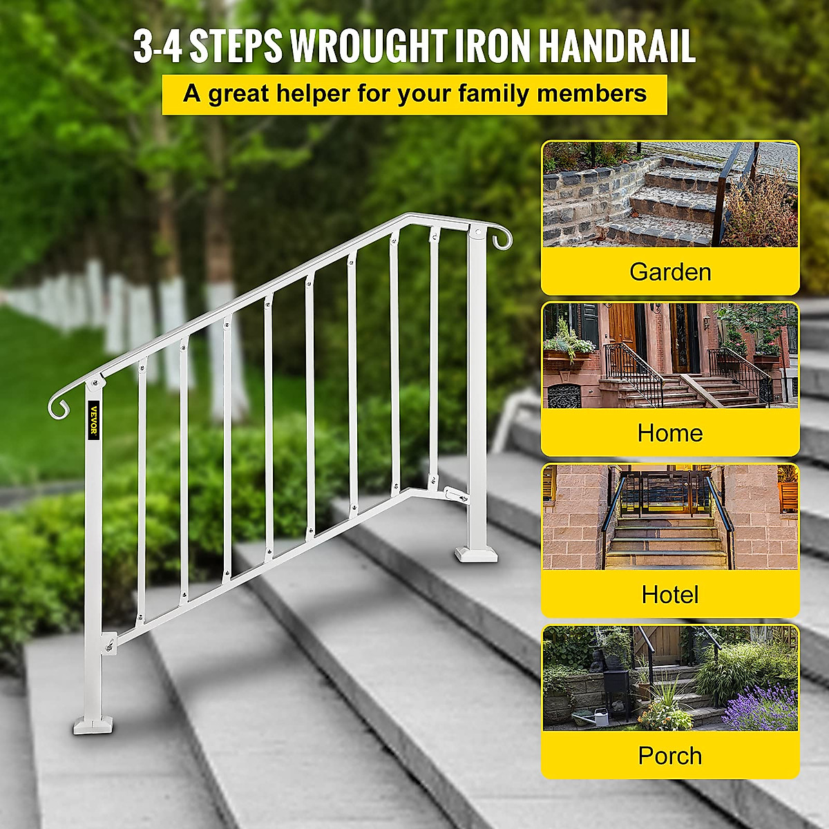 VEVOR Handrail for Outdoor Steps, 3-4 Steps White Fence Outdoor Handrail, Adjustable Metal Staircase Handrail, Thickened Stair Railings for Porch Railing, Deck Handrail