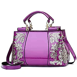 XingChen Shiny Patent Women PU Leather Handbags Embroidery Shoulder Bags Fashion Satchel Purses Top Handle Bags(Purple)