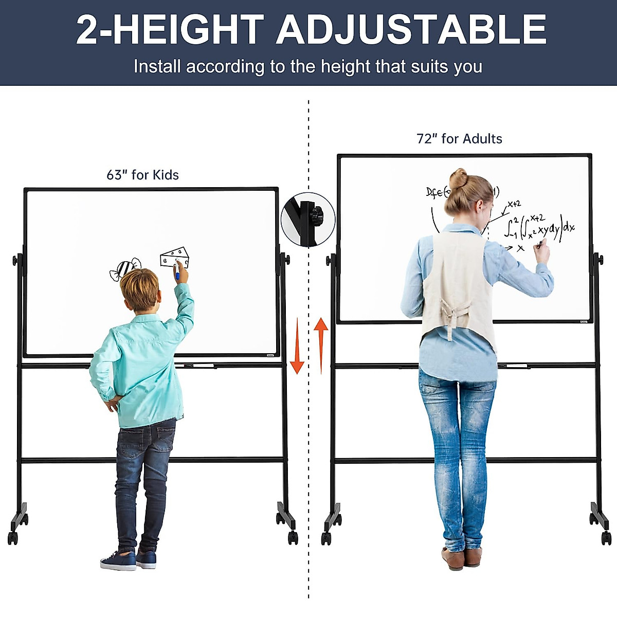 Dry Erase Board White Board - TANKEE 48 x 32 Inches Height Adjustable Rolling Mobile Whiteboard on Wheels, Large Double-Sided Reversible Magnetic White Board with Stand, for Office Classroom Home
