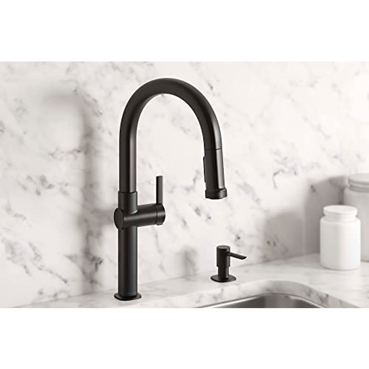 Kohler R22153-SD-BL Rune Single Handle Kitchen Faucet with Pull Down Sprayer and Soap Dispenser, Matte Black