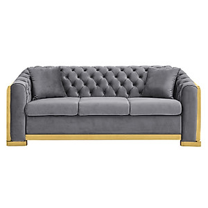 WILLIAMSPACE 81" Tufted Velvet Sofa Couch for Living Room, 3 Seater Button Sofa with Stainless Steel Gold Plating Decoration, Comfy Soft Upholstered Couch with 2 Pillows - Grey