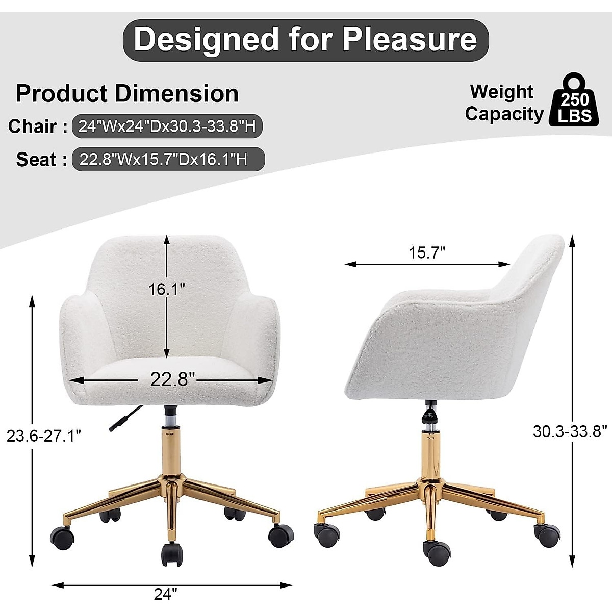 Yoluckea Faux Fur Desk Chair for Women Girl Teen, Home Office Desk Chair with Rolling Wheels, Modern Furry Vanity Chair for Makeup Room Bedroom Living Room, Adjustable Swivel Cute White Desk Chair