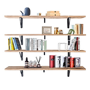 Long Floating Shelves for Books,Wall Hanging Bookshelf Set of 4,Rustic Wall Mount Book Shelf Wood Extra Large for Livingroom Bedroom Kitchen Bathroom Home Office Decor,36 Inches(Carbonized Black)
