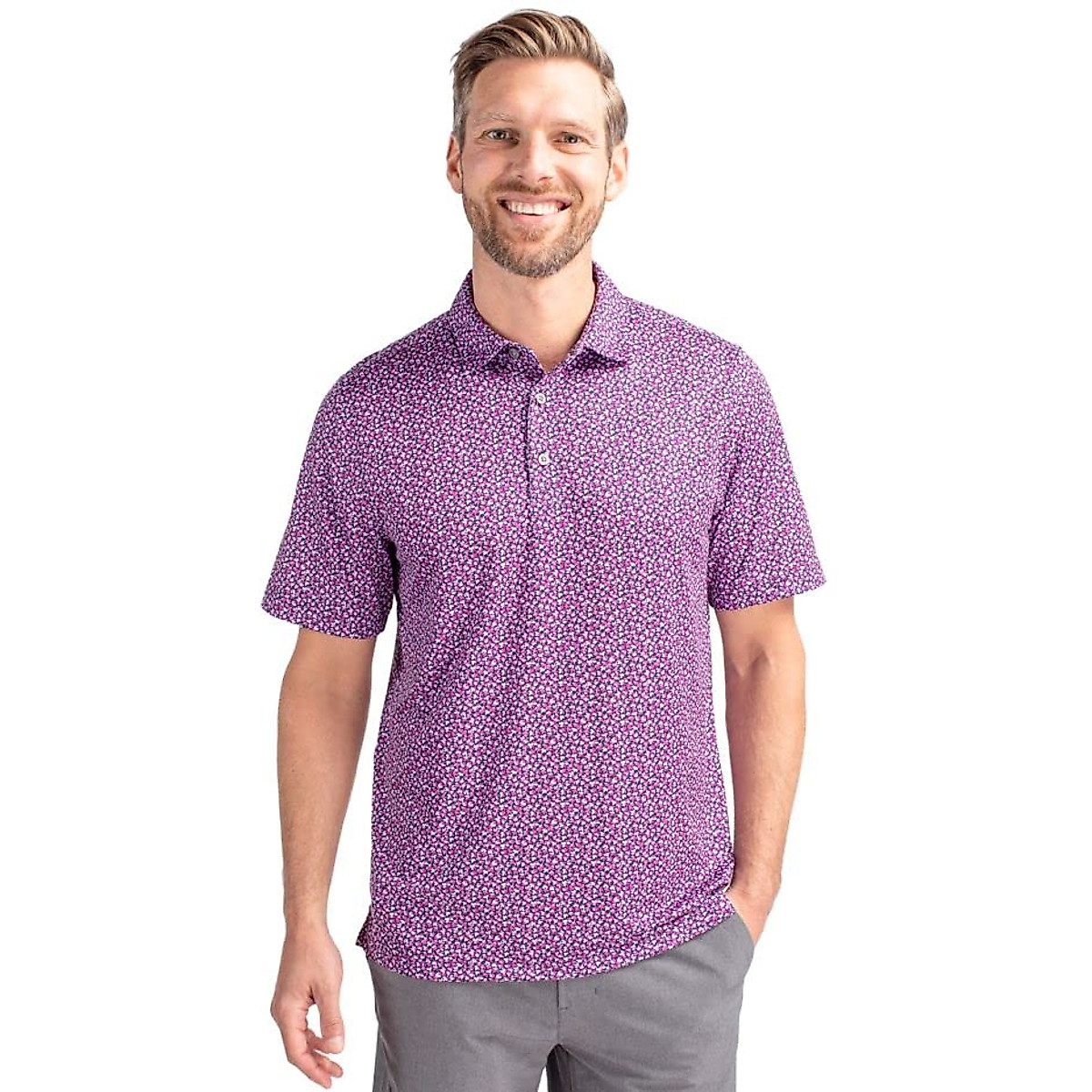 Cutter & Buck Pike Magnolia Print Stretch Men's Polo, Gelato/Navy Blue