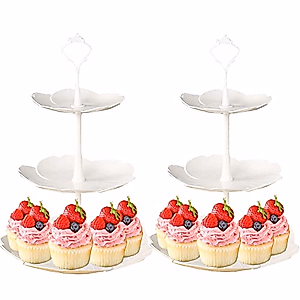 Cupcake Stand, 2 Pack Flower Shape Cupcake Tower, 3 Tier Serving Tray, White Plastic Cupcake Display Stand for Desserts, Pastry, Macorons, Muffins Party Supplies