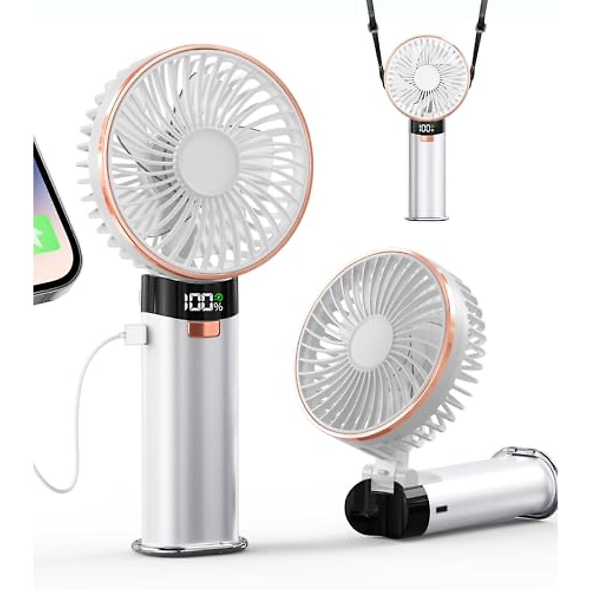 BEYYON Portable Handheld Fan, 5200mAh Metal Handle Portable Fan Rechargeable, 180° Foldable, 6 Speeds USB Rechargeable Fan, Electric Personal Fan with Power Bank for Travel, Outdoor, Camping, Office