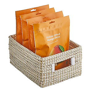 mDesign Seagrass Small Woven 9 Inch Wide Rectangular Organizing Basket w/Built-In Handles for Kitchen, Pantry Shelves, Bathroom Storage; Holds Fruit, Canned Goods - 3 Pack - Natural