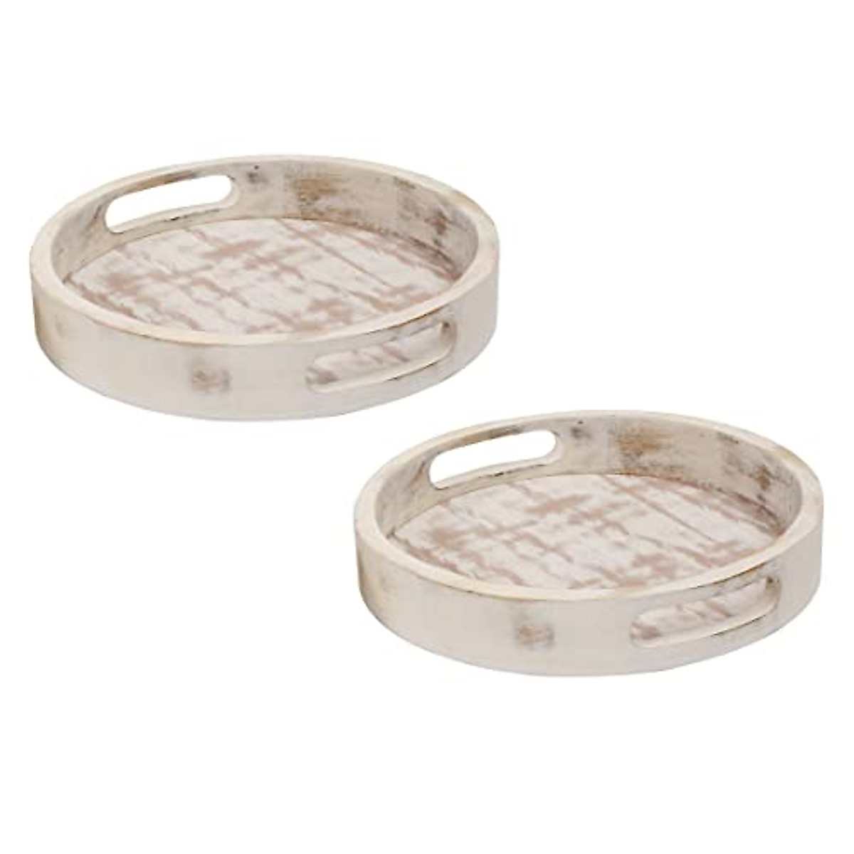 Winlay Decorative Coffee Table Tray, Set of 2 White, Wooden Round Serving Tray for Living Room, Wood Ottoman or Side Table, Charcuterie Board Cheese Platter, Fruit Baskets, White Distress, 12x12x1.5