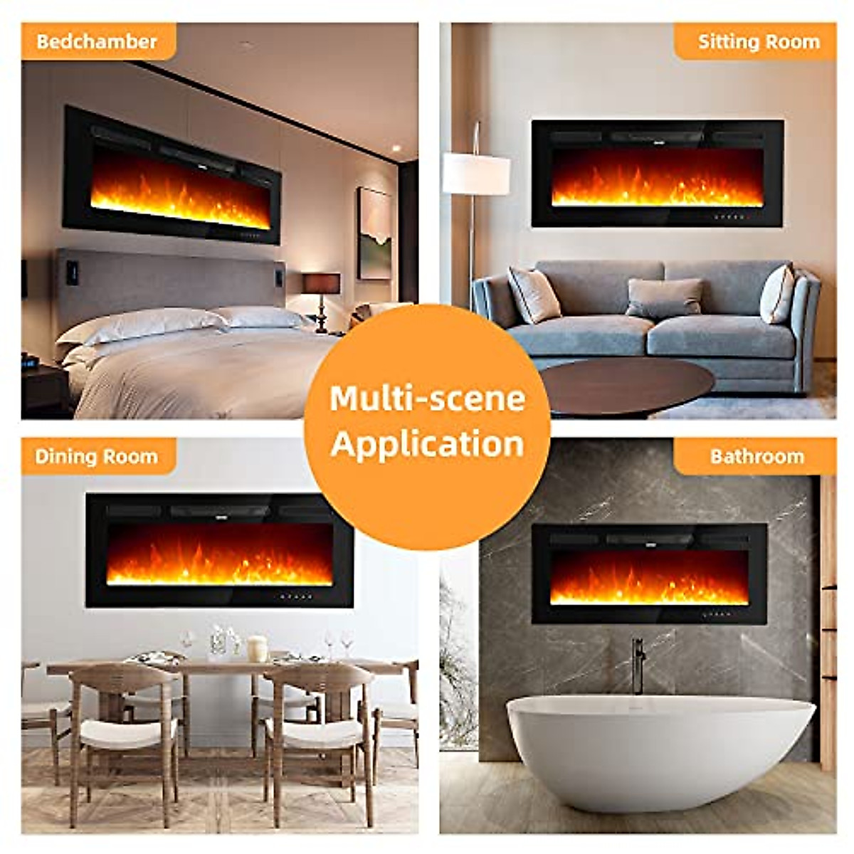 SANHSEHOME 60 Inch Electric Fireplace Inserts Wall Fireplace Electric with Remote Control Electric Fireplace Wall Mounted Recessed with Fake Log & Crystal 1-8h Timer 750W/1500W, 9 Flame Colors 5.7" W