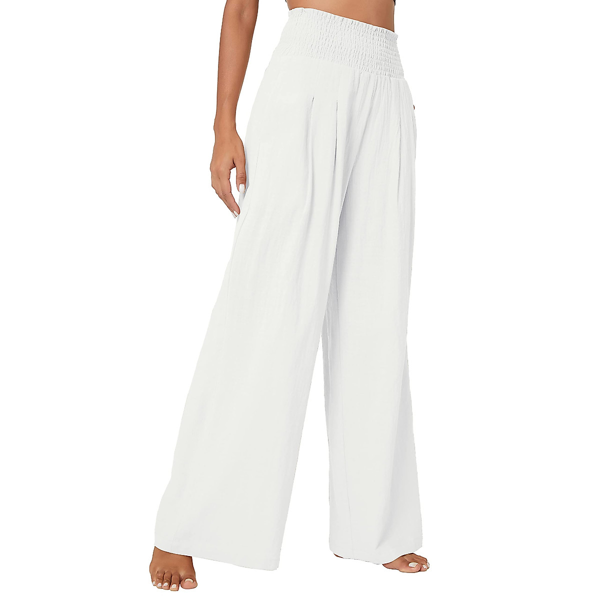 Urban CoCo Women's Elastic High Waist Light Weight Loose Casual Wide Leg Trousers Long Pants with Pocket (XL, White)