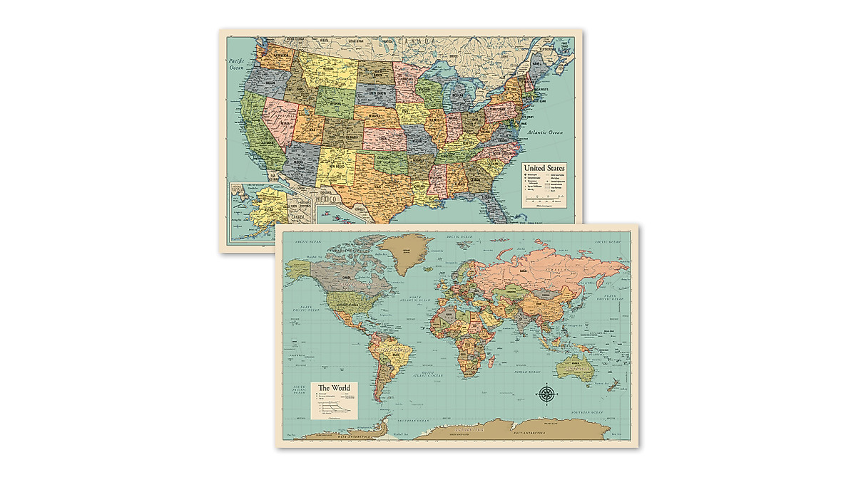 World Map & USA Map Poster Set - Durable Laminated Wall Charts