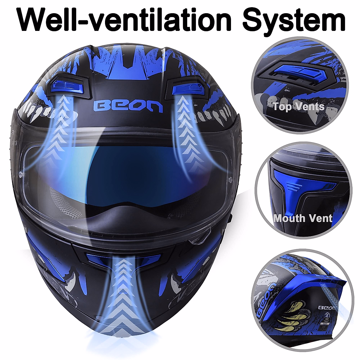 BEON Full Face Motorcycle Helmet, Street Bike Helmet with Clear&Tinted Visors and Multiple Vents, Motocross Casco DOT Approved for Adult Men Women, S-XL (L, Glossy Blue)