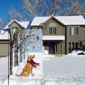 Louise Maelys Winter Garden Flag 12x18 Double Sided, Burlap Small Golden Retriever Dog Cardinal Garden Yard Flags for Winter Seasonal House Holiday Decor (ONLY FLAG)