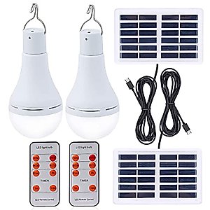 Afoskce Solar Light Bulb Outdoor Rechargeable 300LM Solar Powered Light Led Bulb with Remote Timer, Lighting Sensor, 4 Lighting Mode for Chicken Coops Shed Hiking Camping Hurricane Lighting (2Pack)